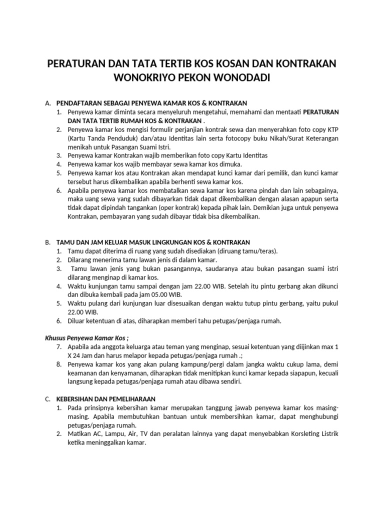Tata Tertib Kos dan Kontrakan Wonodadi | PDF