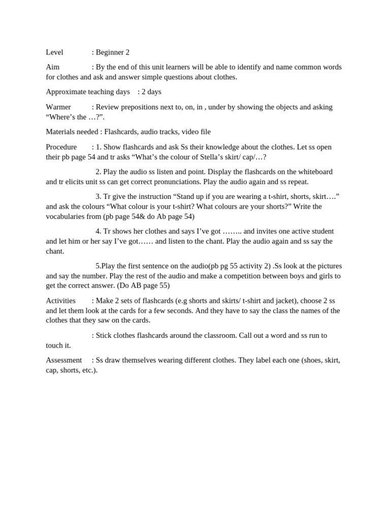 Beginner Clothes Vocabulary Lesson Plan | PDF