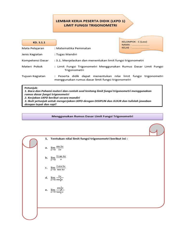Lkpd 3.1.1 (Limit Fungsi Trigonometri) Low | PDF