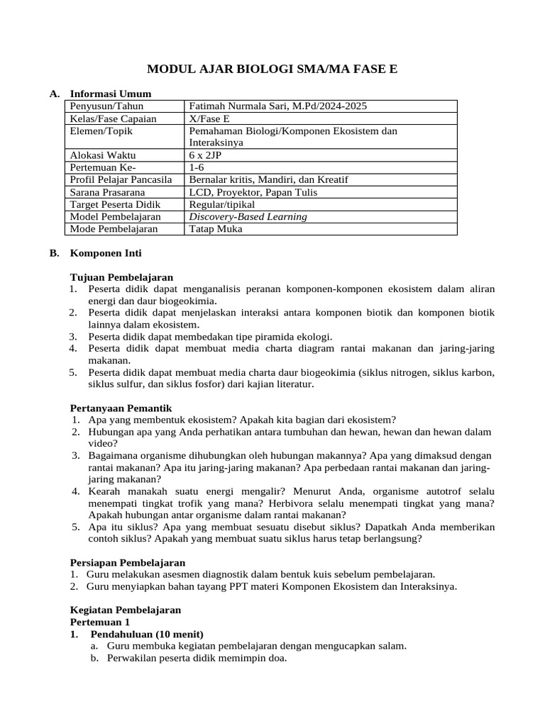 Modul Ajar Biologi: Ekosistem SMA | PDF