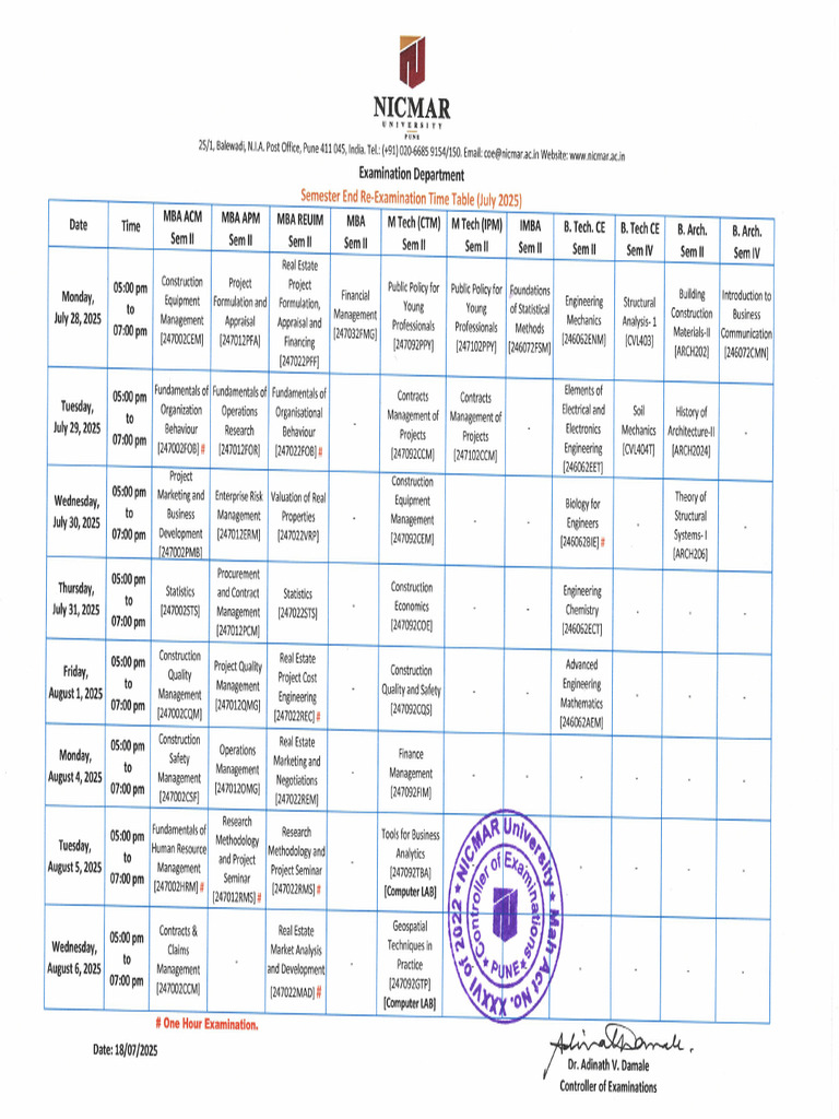 Semester End Re-Examination Time Table July 2025 | PDF