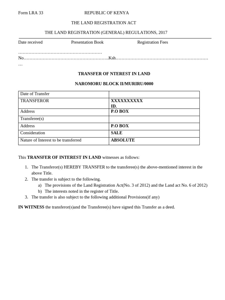 Land Transfer Agreement Form LRA 33 | PDF