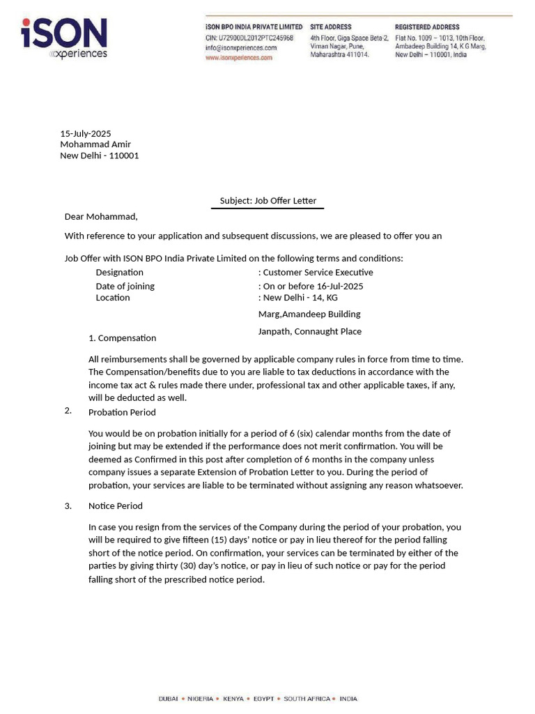 Job Offer Letter for Customer Service Executive | PDF | Taxes ...