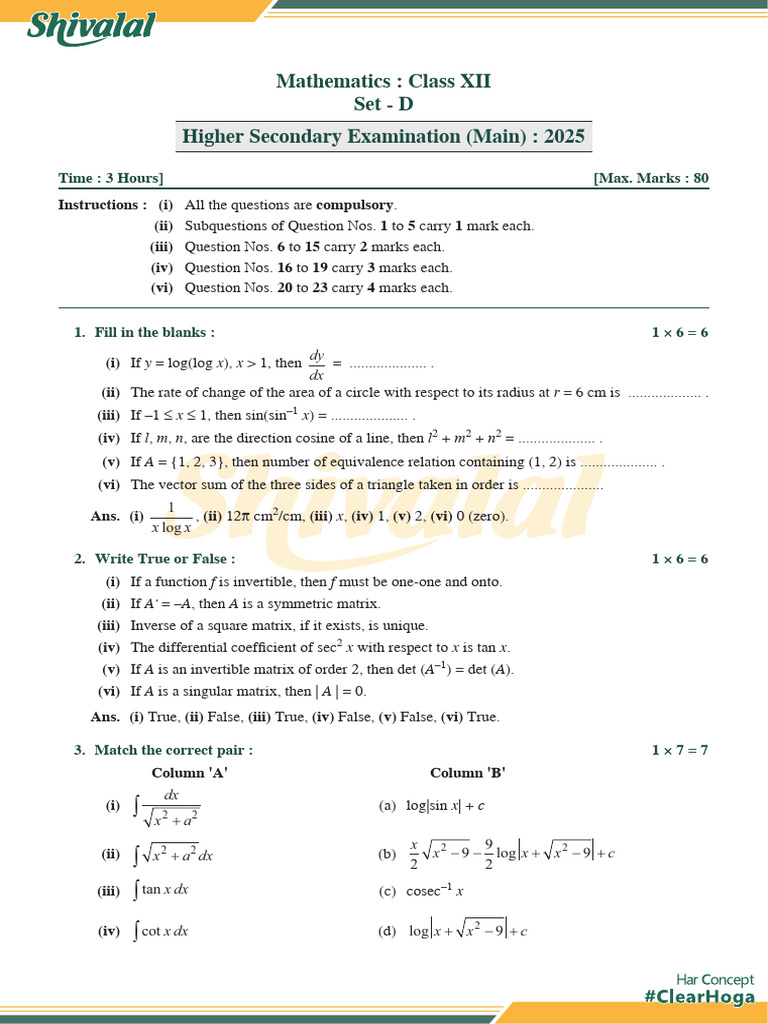 Class XII Mathematics Exam Set D 2025 | PDF | Mathematical Objects ...