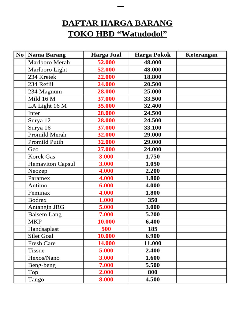 Daftar Harga Barang | PDF