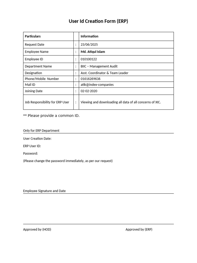 ERP User ID Creation Form | PDF