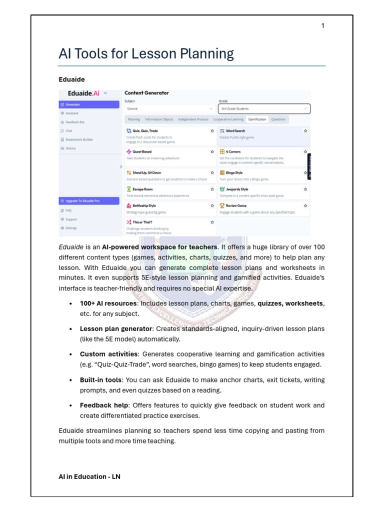 AI Tools For Lesson Planning | PDF | Lesson Plan | Artificial Intelligence