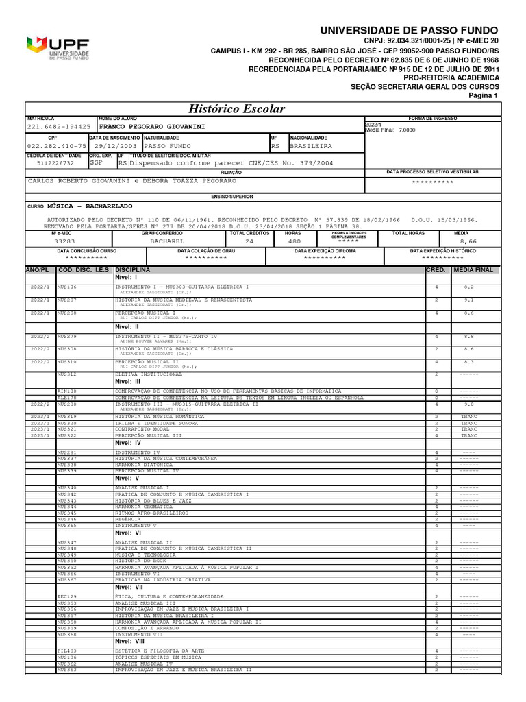 Histã Rico Escolar FRANCO PEGORARO GIOVANINI - Assinado | PDF | Diploma de bacharel | Entretenimento