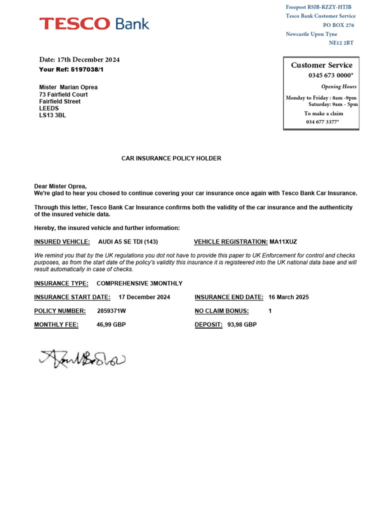 Tesco Car Insurance Policy Confirmation | PDF | Motor Vehicle | Transport