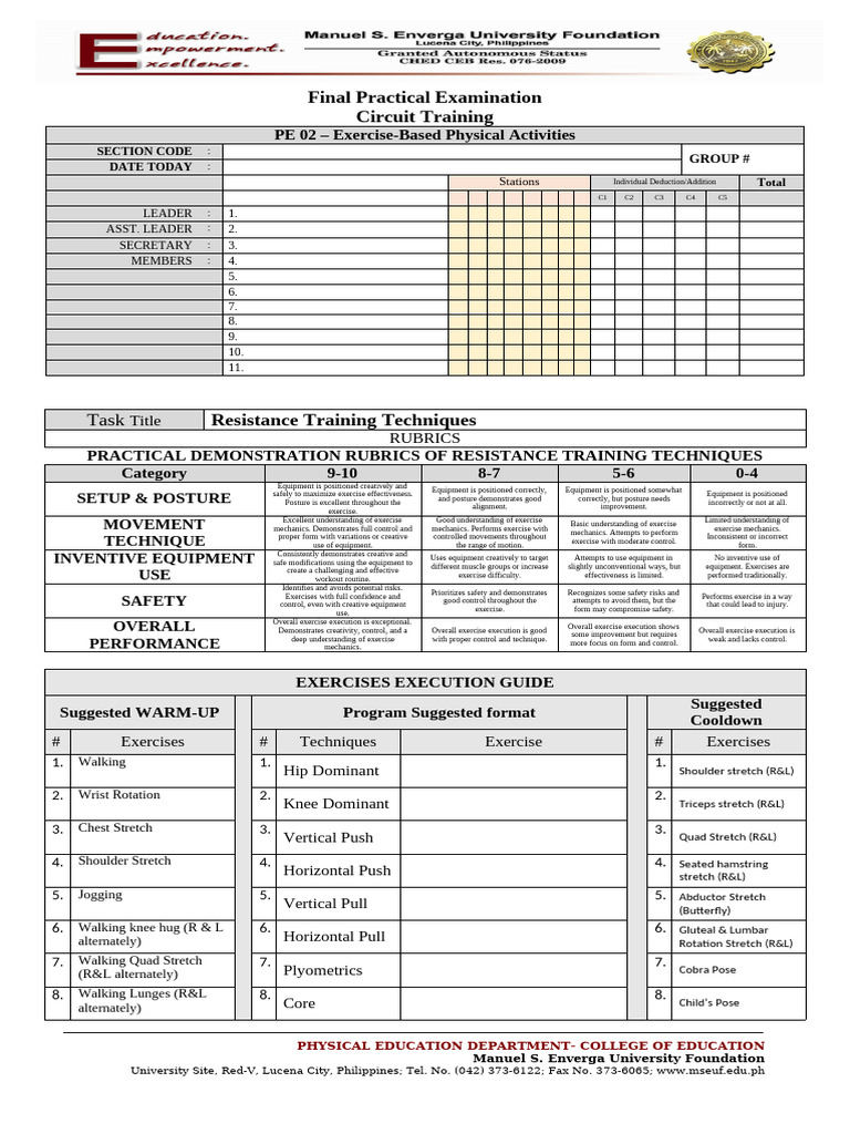 Circuit Training Exam: Resistance Techniques | PDF | Strength Training ...