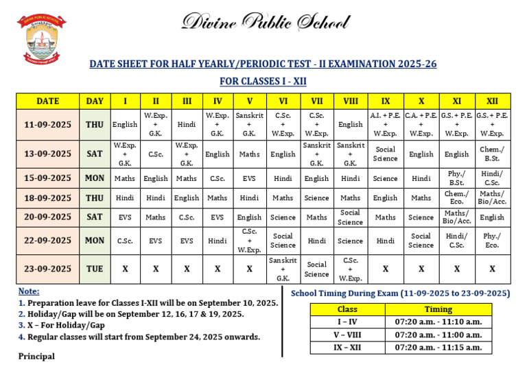 Half-Yearly Exam Schedule 2025-26 | PDF | Tests | Qualifications
