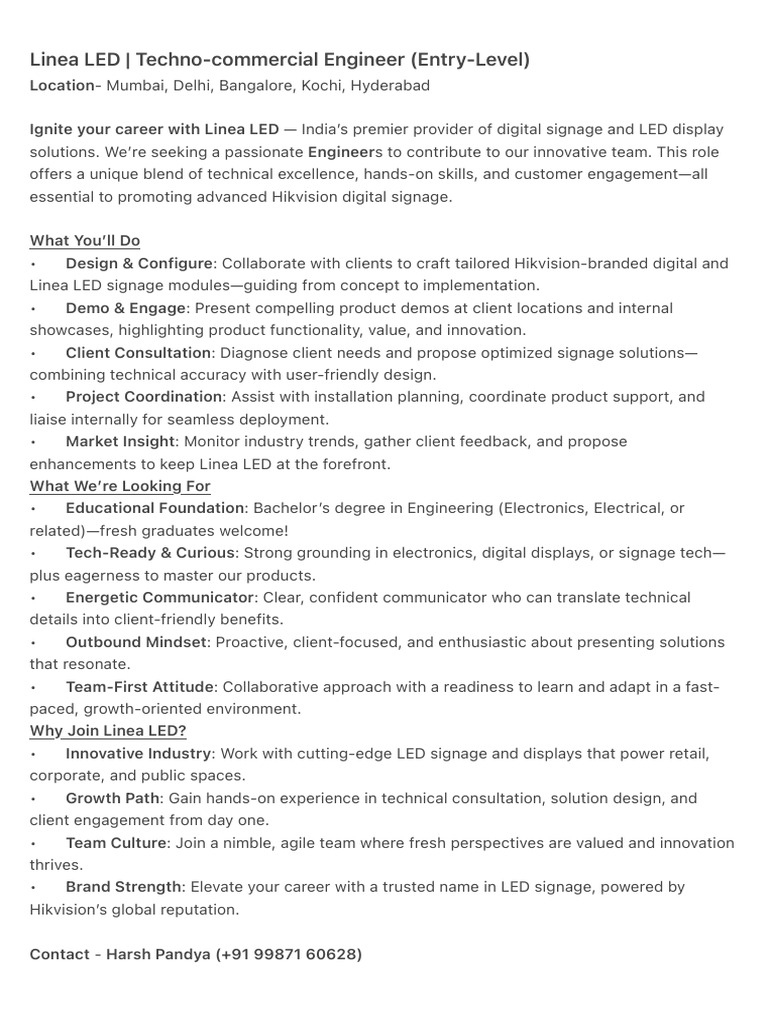 Entry-Level Techno-Commercial Engineer at Linea LED | PDF