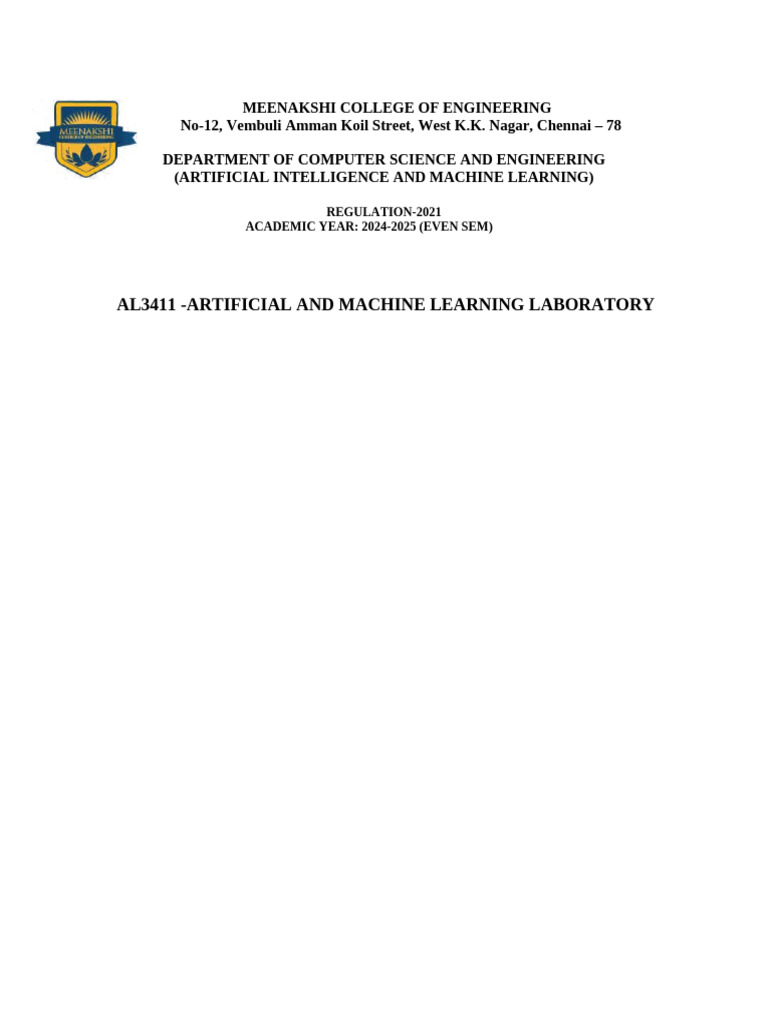 Artificial Intelligence and Machine Learning Laboratory - Al3411 - Lab Manual | PDF ...