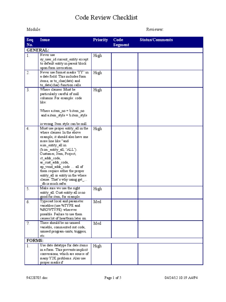 Code Review Checklist Seq No Issue Priority Code Segment Statuscomments Pdf Parameter