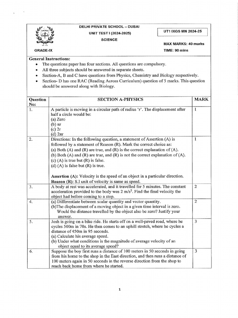2024 - 25 Ut1 Grade 9 Sub Science | PDF