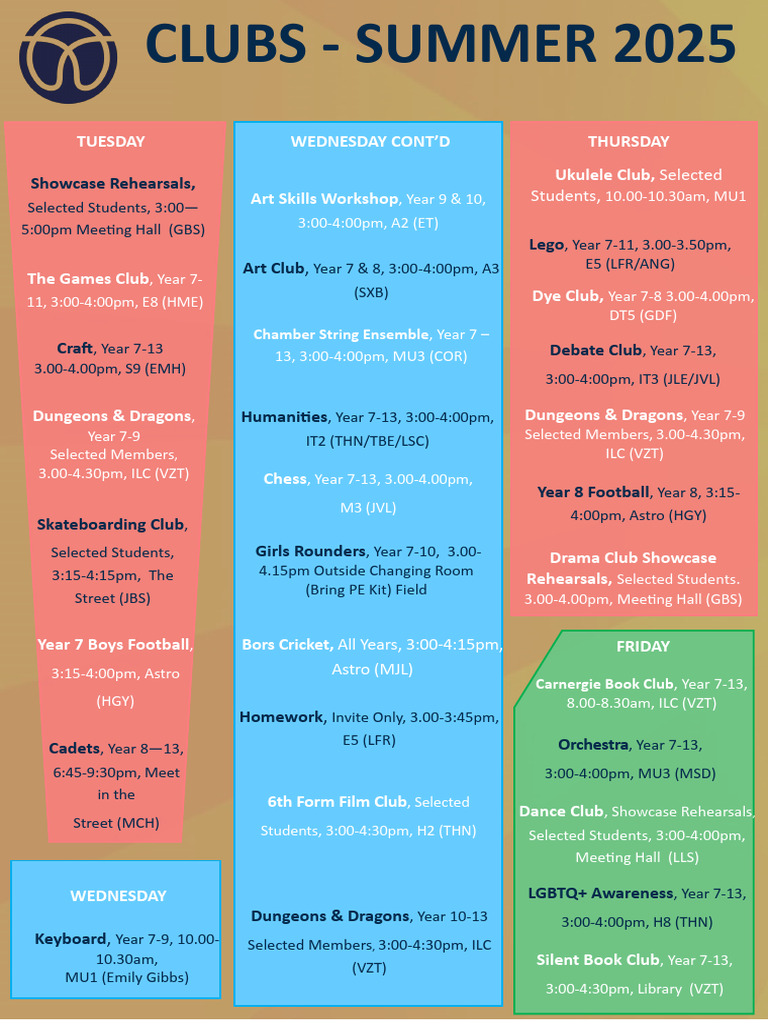Year 7-13 Club Activities Schedule | PDF