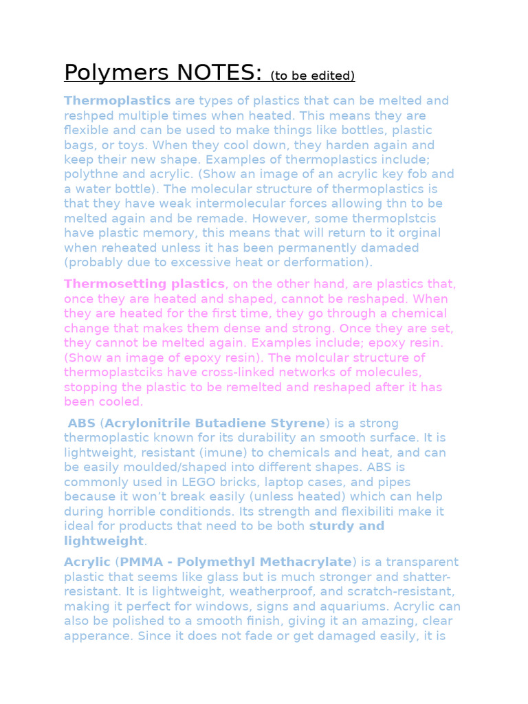 Polymers NOTES (To Be Edited) | PDF | Thermoplastic | Poly(Methyl ...