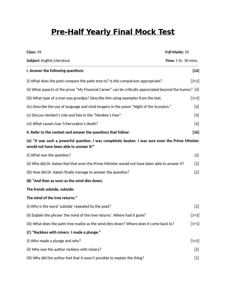 Class VII English Literature Mock Test | PDF