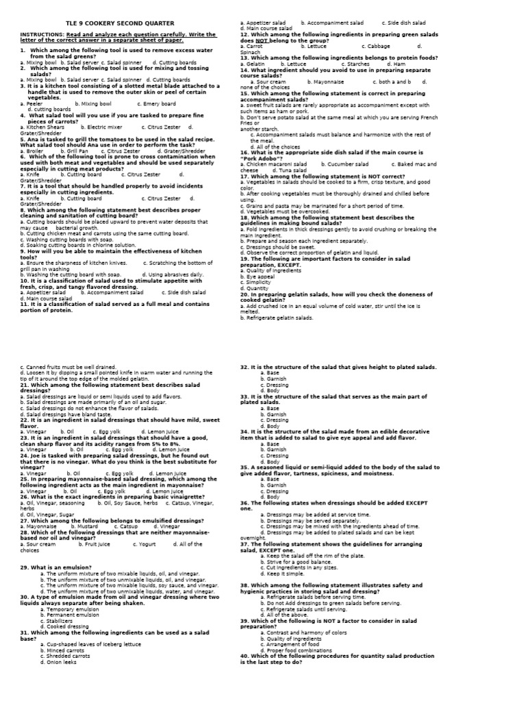 Tle 9 Cookery Second Quarter-Exam | PDF | Salad | Mayonnaise