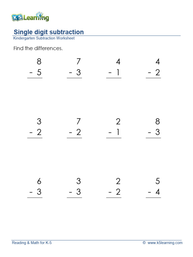Kindergarten Subtraction of Two 1 Digit Numbers v2 | PDF