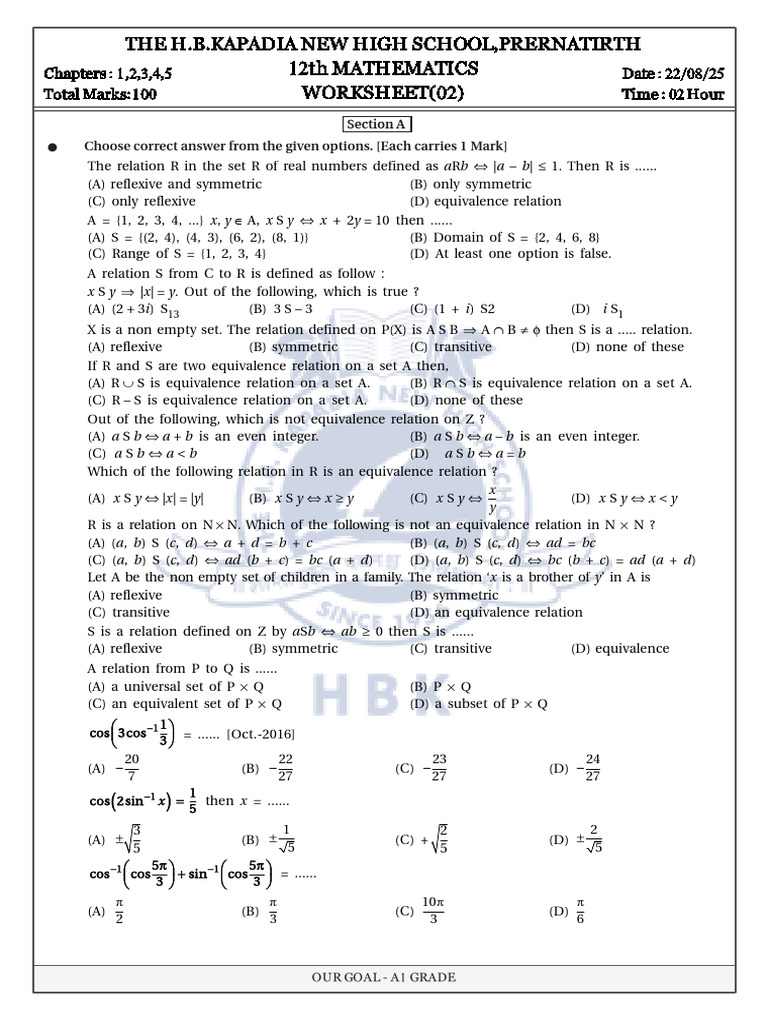 12th Grade Mathematics Worksheet | PDF | Number Theory | Mathematics
