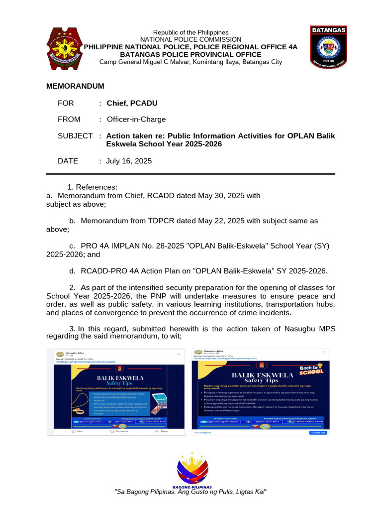 OPLAN Balik Eskwela 2025-2026 Actions | PDF | Philippines | Law Enforcement