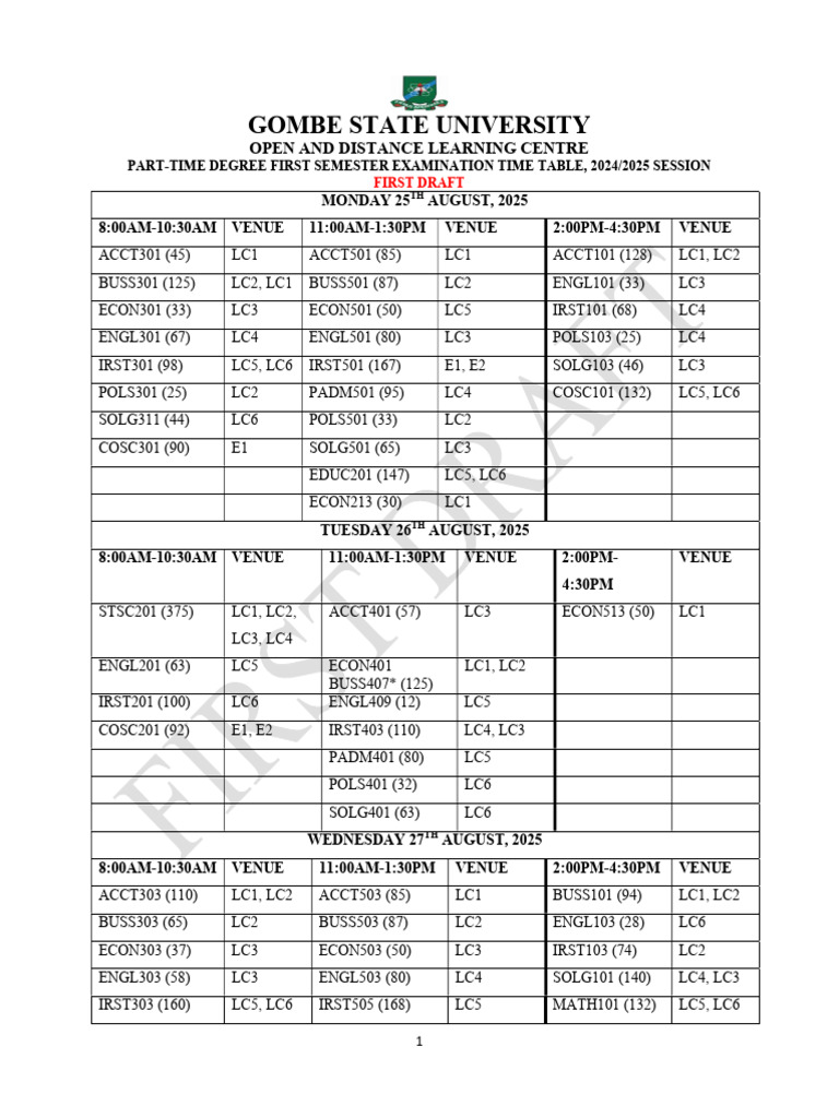 2024-2025 First Semester Part-Time Degree Exams Time Table | PDF