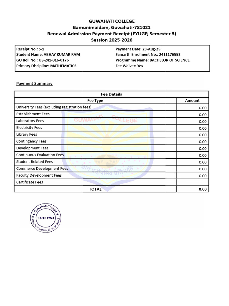 3rd Sem Science Payment Receipt 2025-26 | PDF | Bachelor Of Science ...