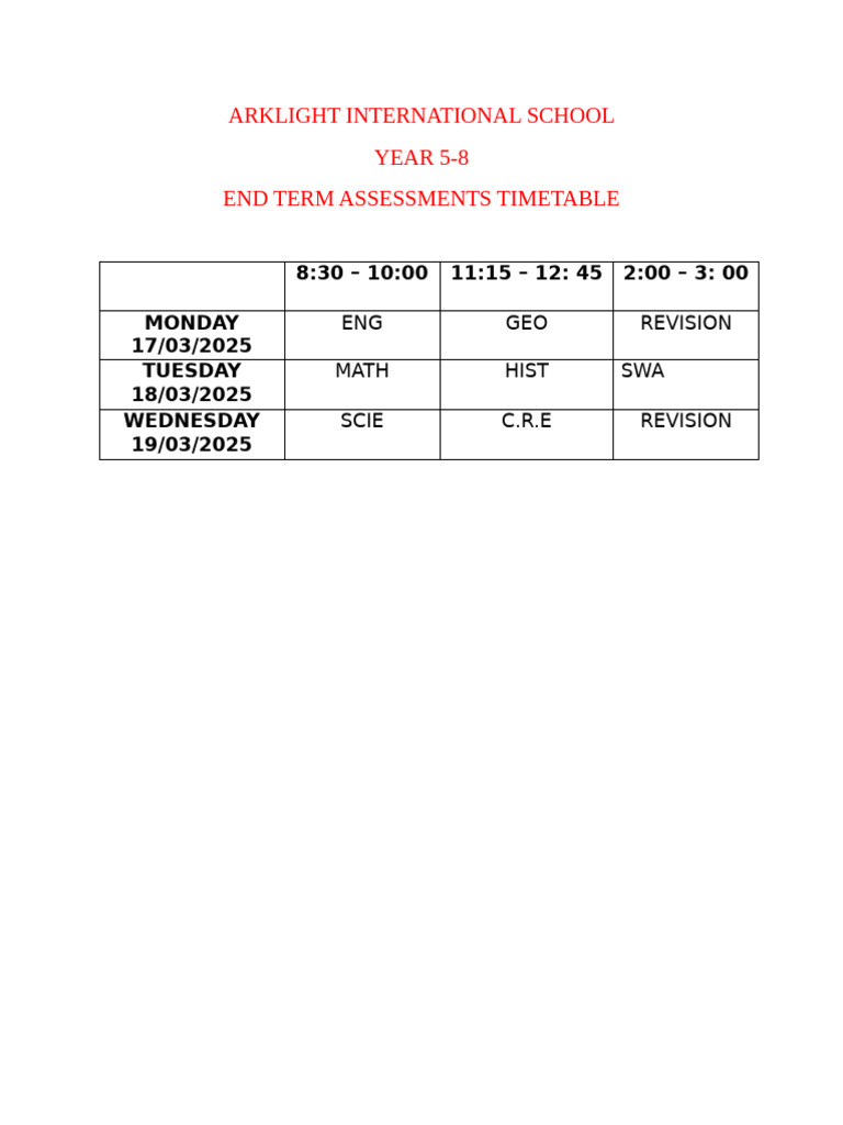 Yr 5-8 Assessment Time Table | PDF