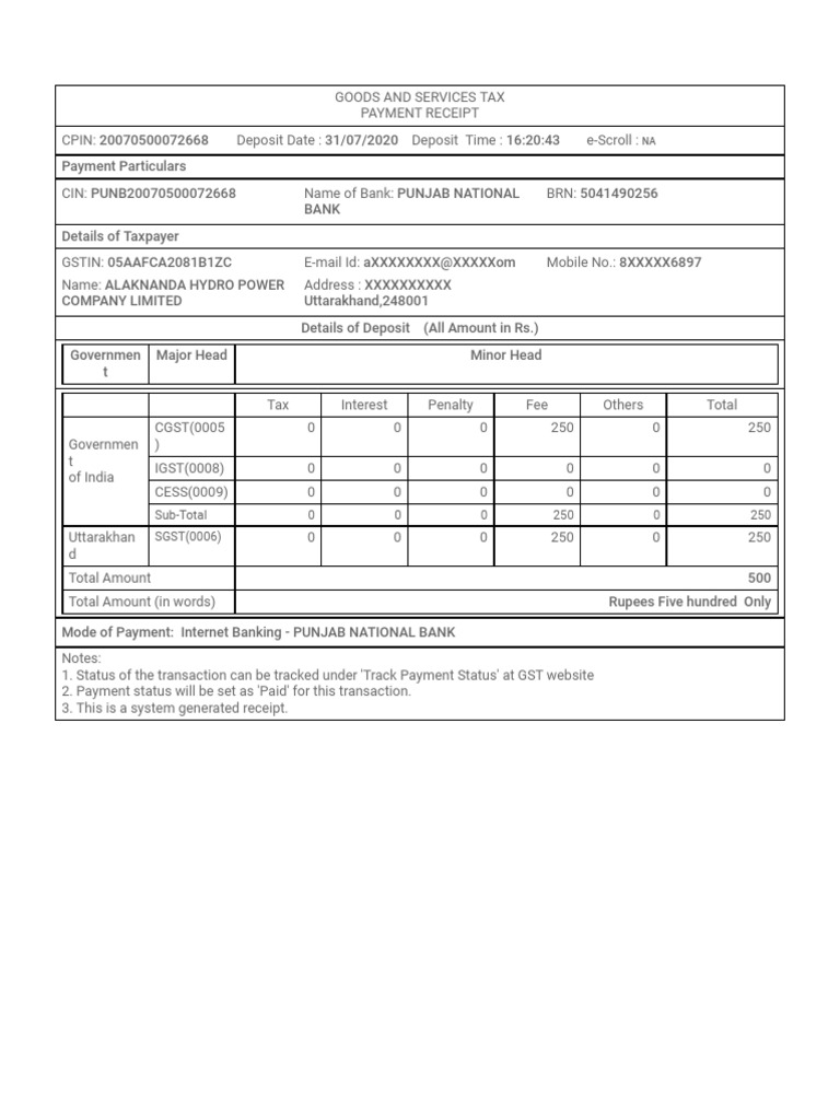 GST Payment Receipt for Alaknanda Hydro | PDF