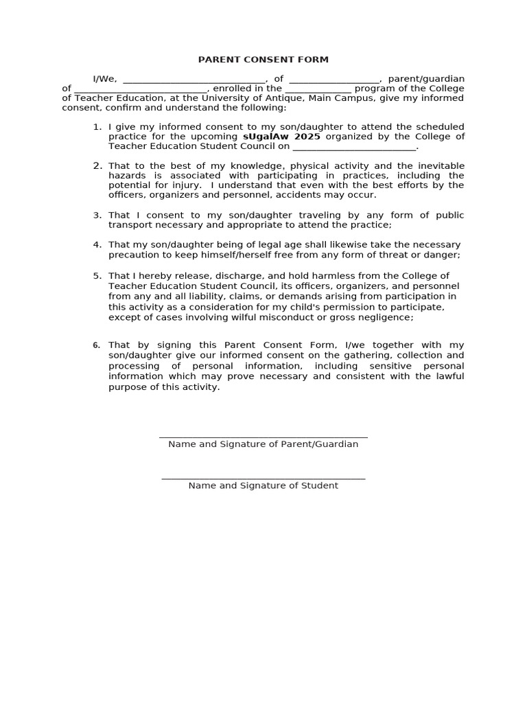 Parent Consent Form for Student Activity | PDF