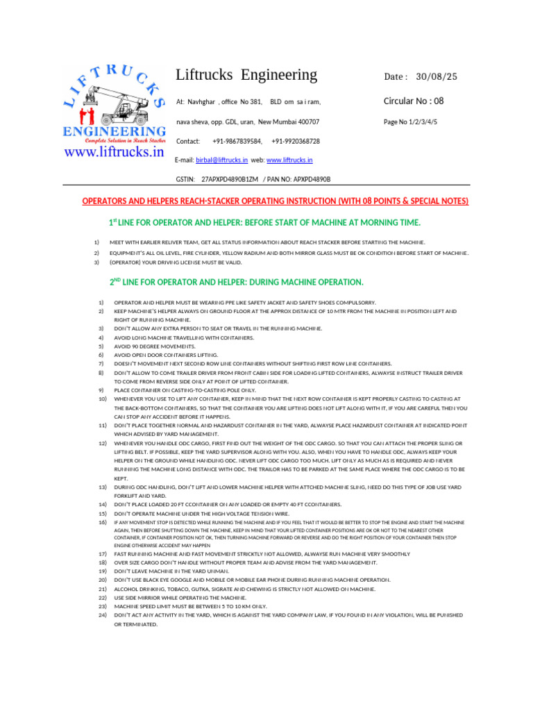 Operator and Helper Responsibilty 08 Nos | PDF | Cargo | Machines