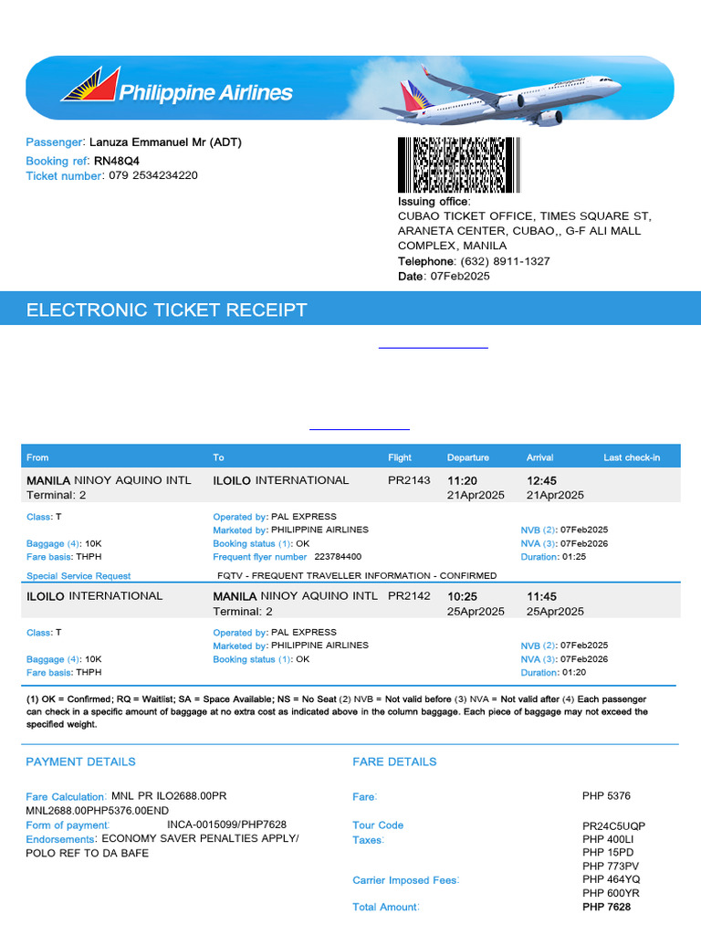 Philippine Airlines Electronic Ticket Details | PDF
