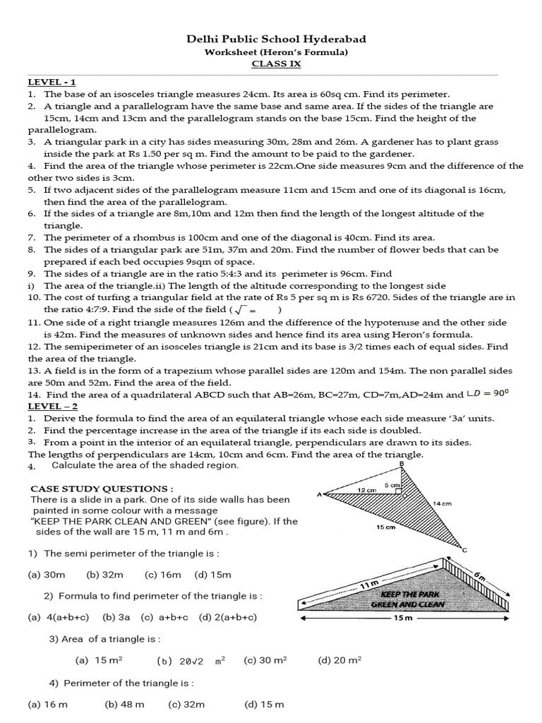 Class IX Heron's Formula Worksheet | PDF | Area | Triangle