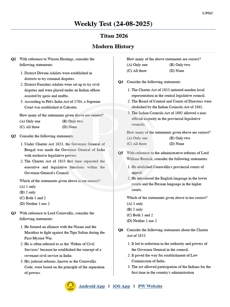 Weekly Test (24!08!2025) (Modern History) | PDF