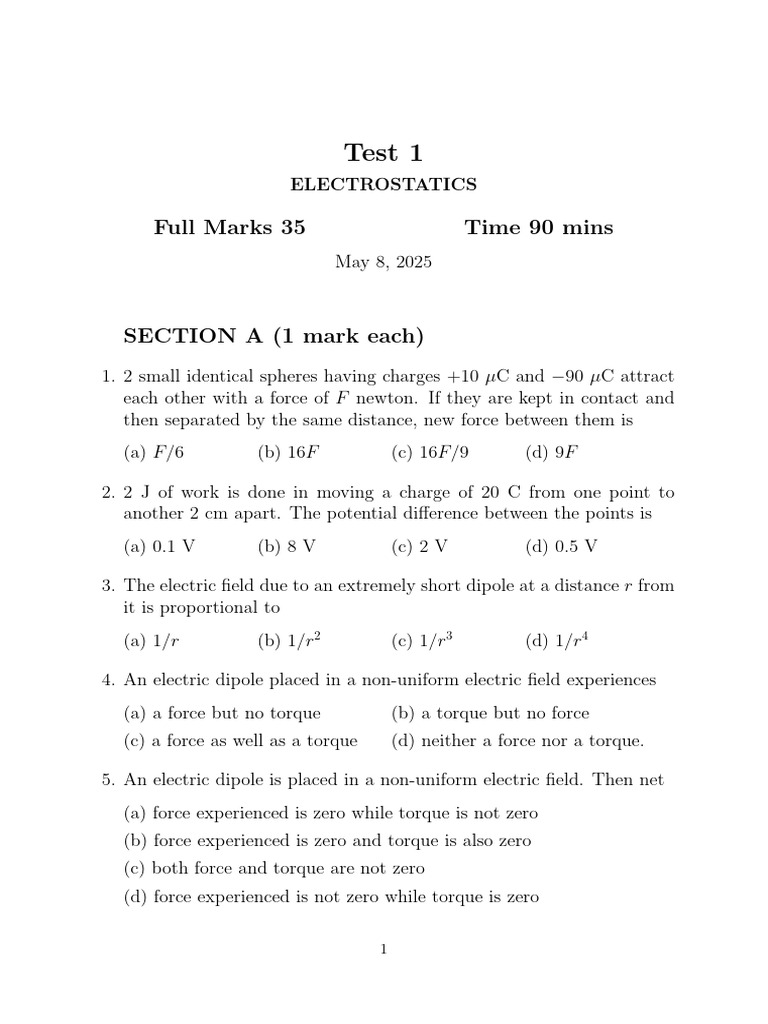 Electrostatics Test Questions and Answers | PDF | Electric Field | Force