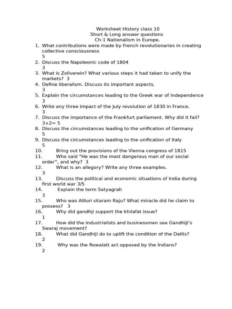 Worksheet History Class 10 | PDF