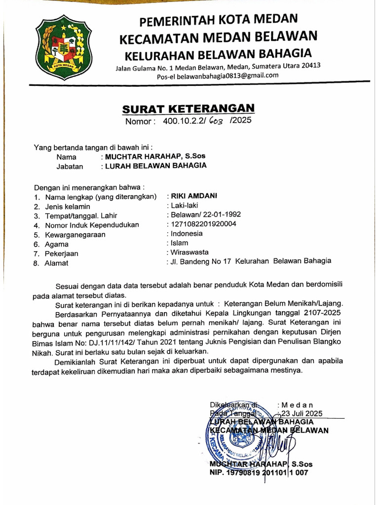 Surat Pernyataan Perjaka | PDF