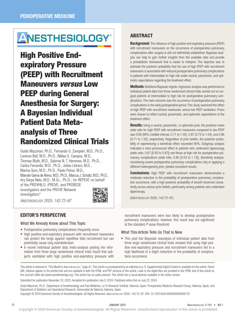 High PEEP and Recruitment Maneuvers | PDF | Bayesian Inference ...