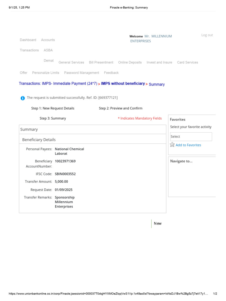 NCL Sponsorship Millennium Enterprises IMPS | PDF