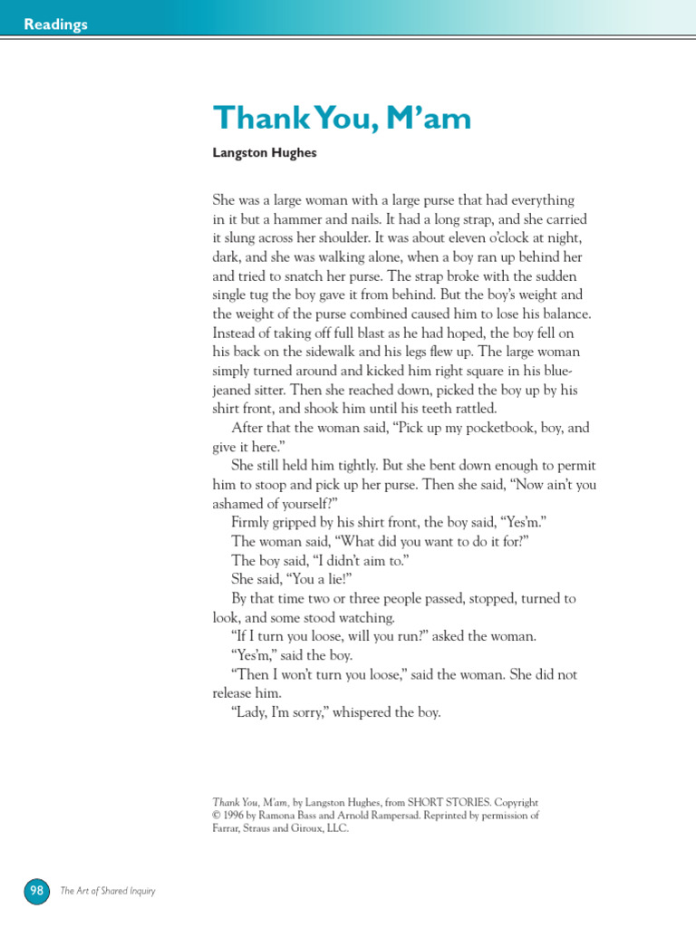 Thank You, M’am: A Lesson in Kindness | PDF