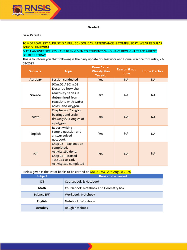 Grade 8 - Daily Plan - 22.08.25 | PDF