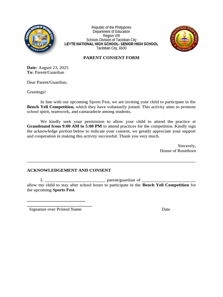 Parent Consent for Bench Yell Competition | PDF
