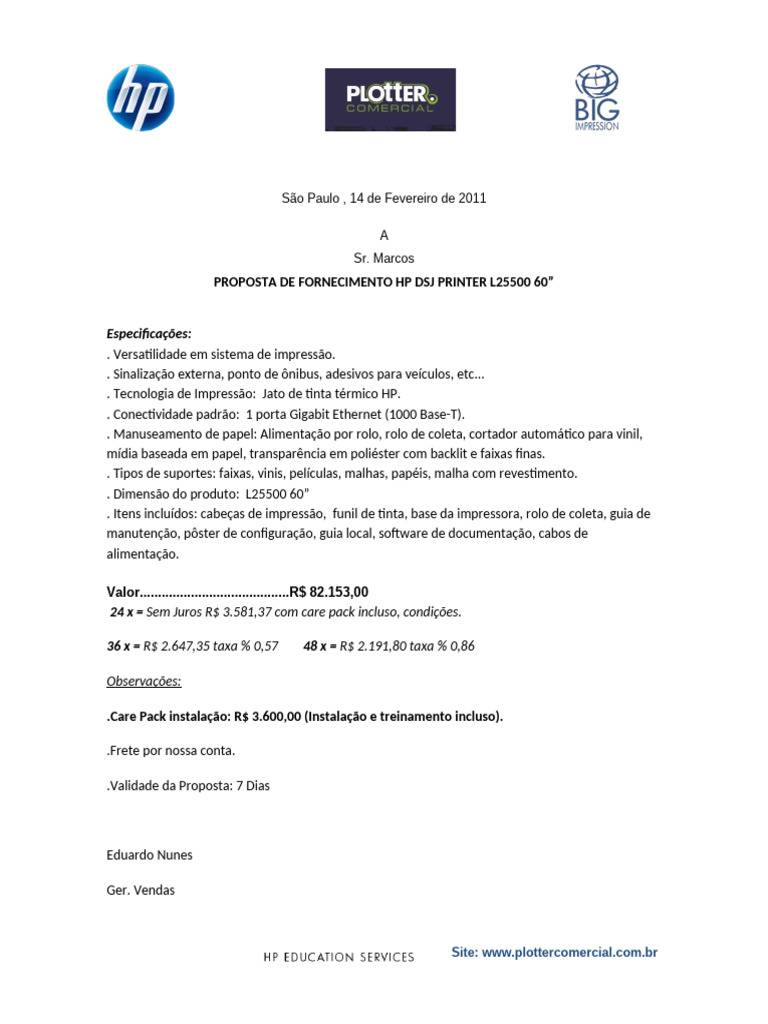 Proposta Impressora HP L25500 60” | PDF