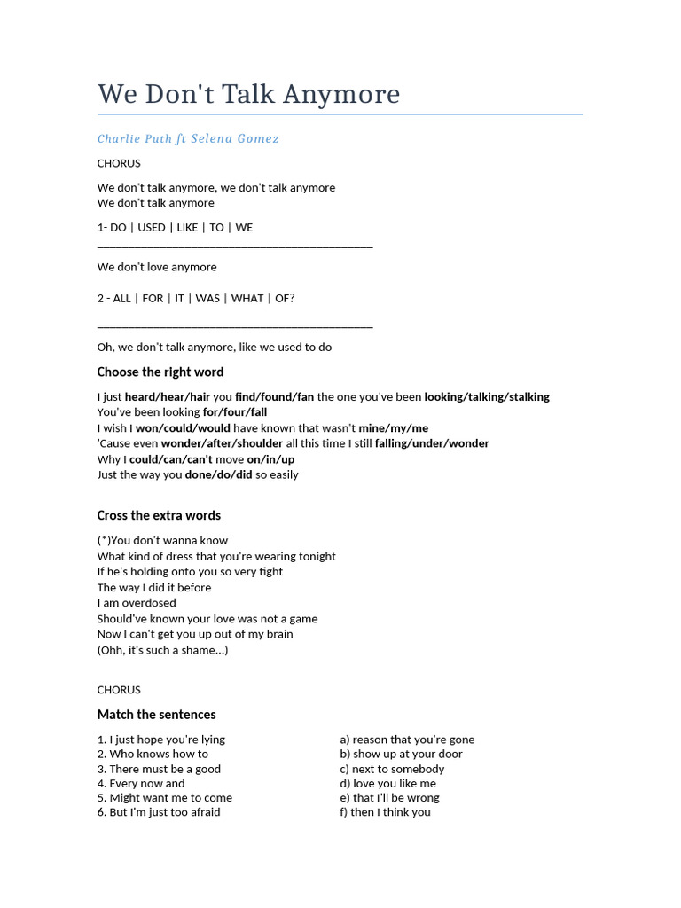 We Don't Talk Anymore Lyrics Analysis | PDF