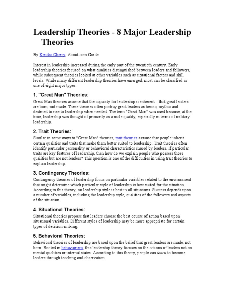 Leadership Theories - 8 Major Leadership Theories: Kendra Cherry | PDF ...