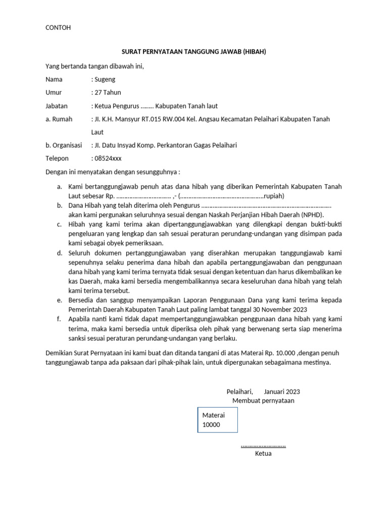 Surat Pernyataan Tanggung Jawab Hibah | PDF