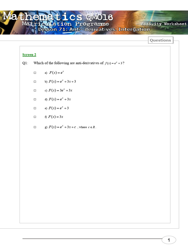 Anti-Derivative Questions and Answers | PDF
