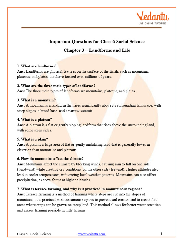 Landforms and Life Important Questions For Class 6 Social Science | PDF ...