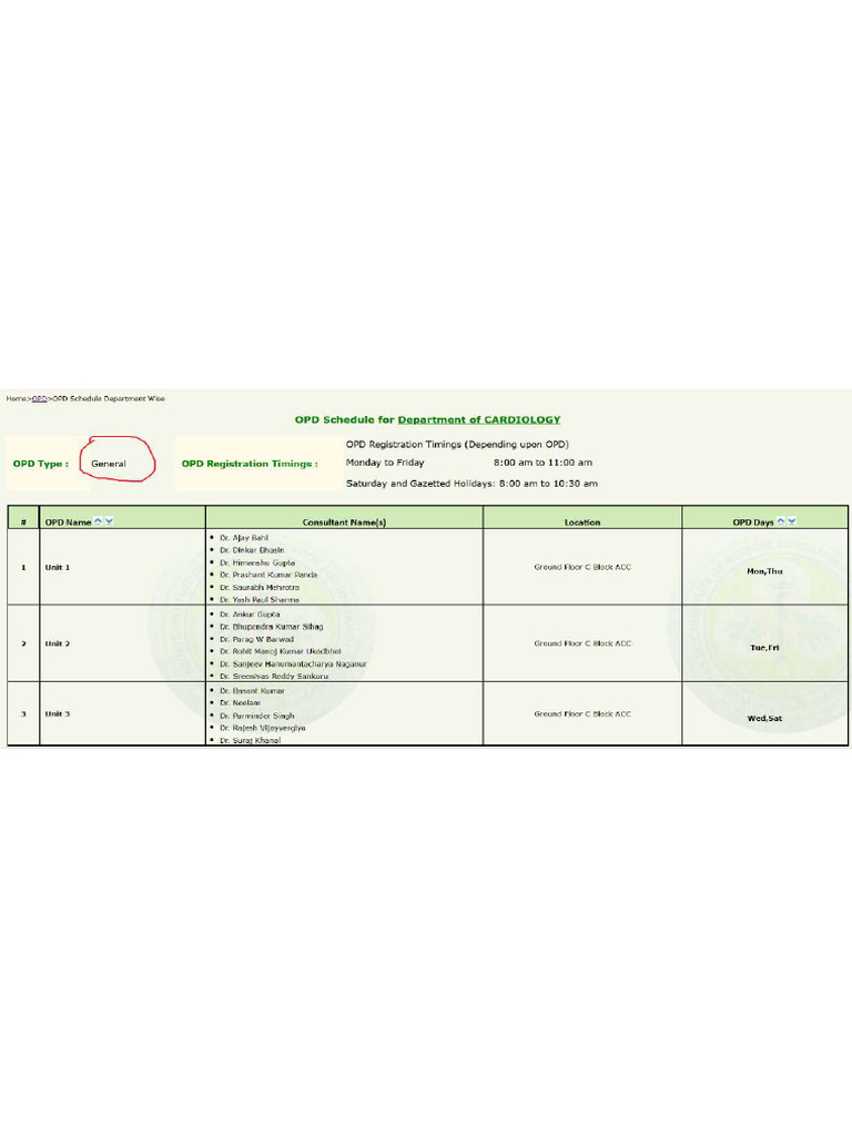 Cardiology OPD Schedule - General & Special Clinic | PDF